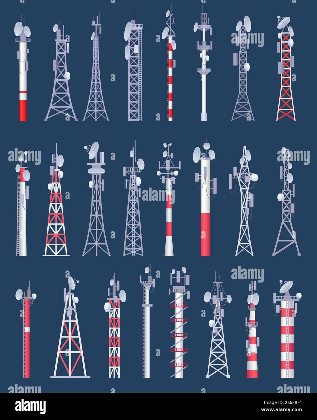 Wireless tower. Cellular wifi radio and tv cell communication towers with antena vector ...