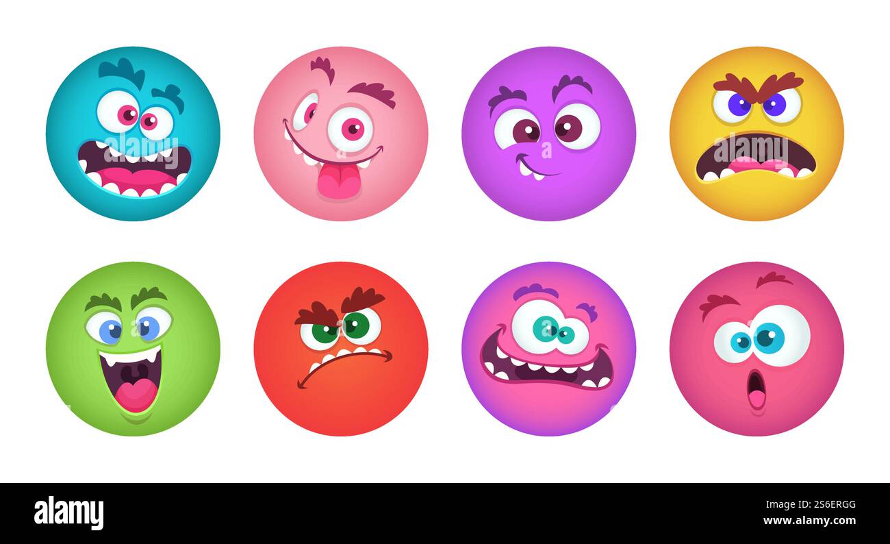Monsters faces. Cartoon monster avatars vector set. Strange alien face ...