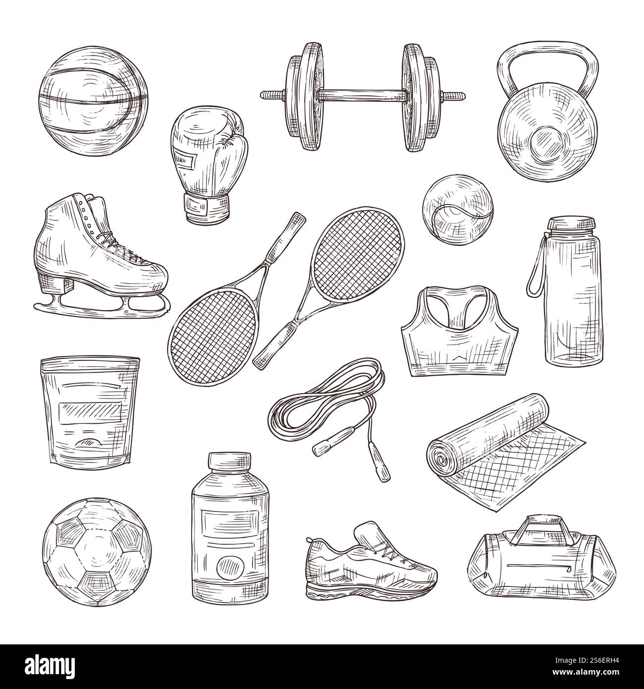 Sketch sports equipment. Ball, dumbbell and tennis rackets, boxing ...