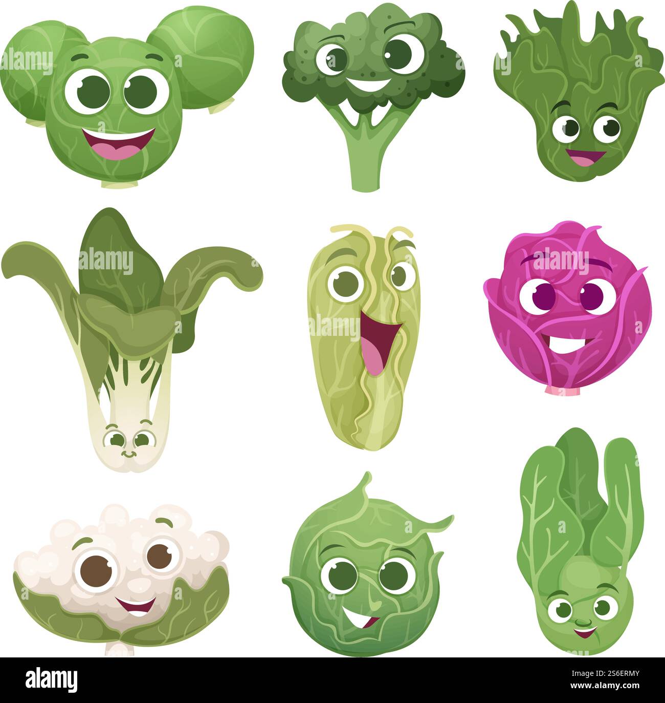 Cabbage characters. Vegetable comic persons with eyes and smile face eco green food mascot ...