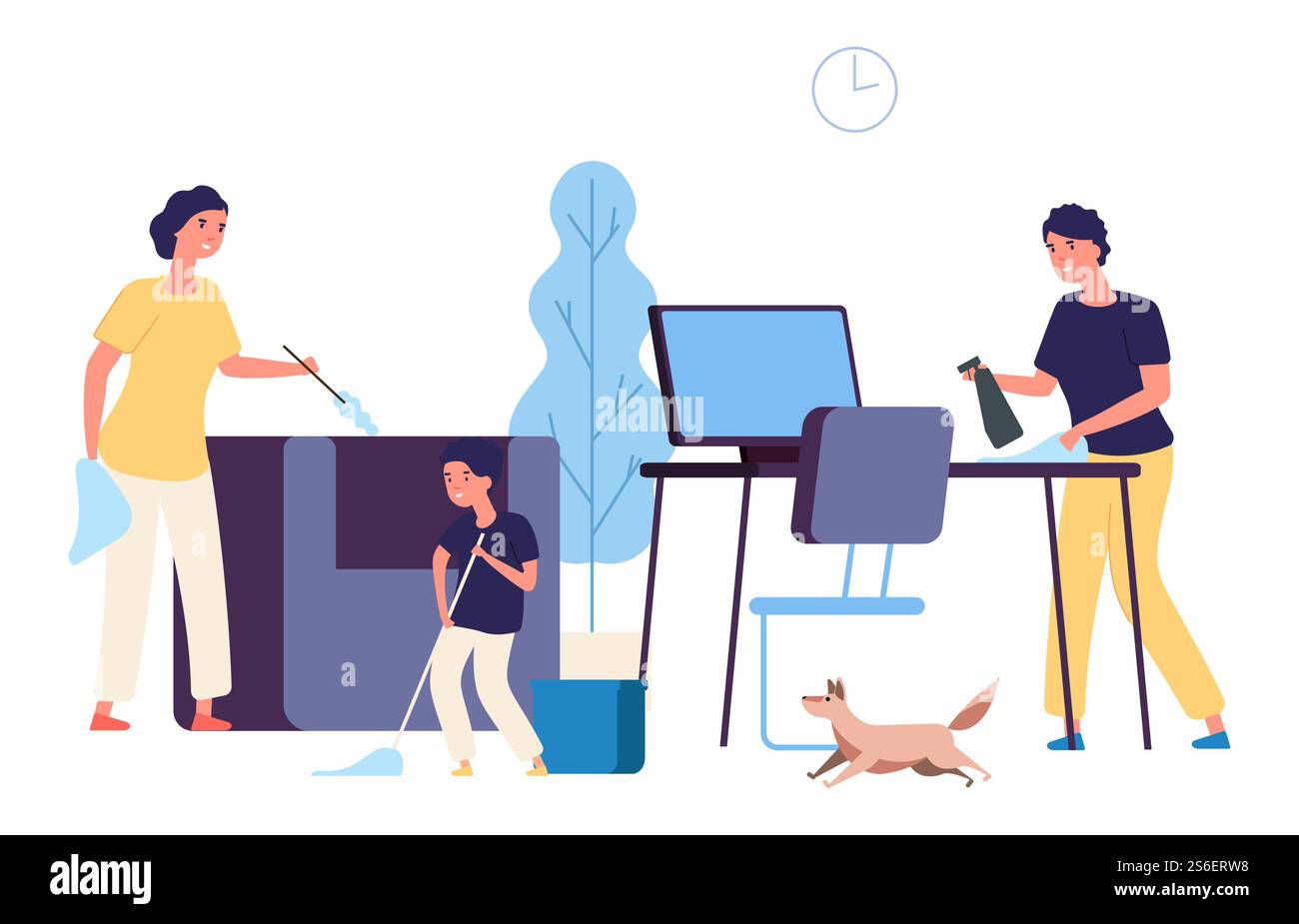 Family cleaning apartment. Parents, kid wasing floor, remove dust ...