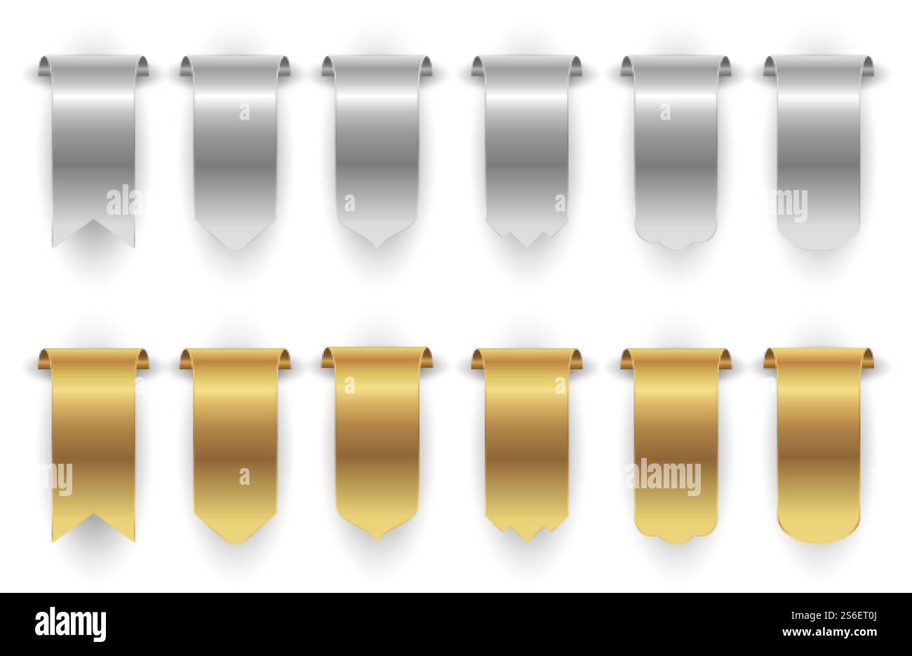 Metal banners. Gold silver ribbon isolated on white background. Hanging ...