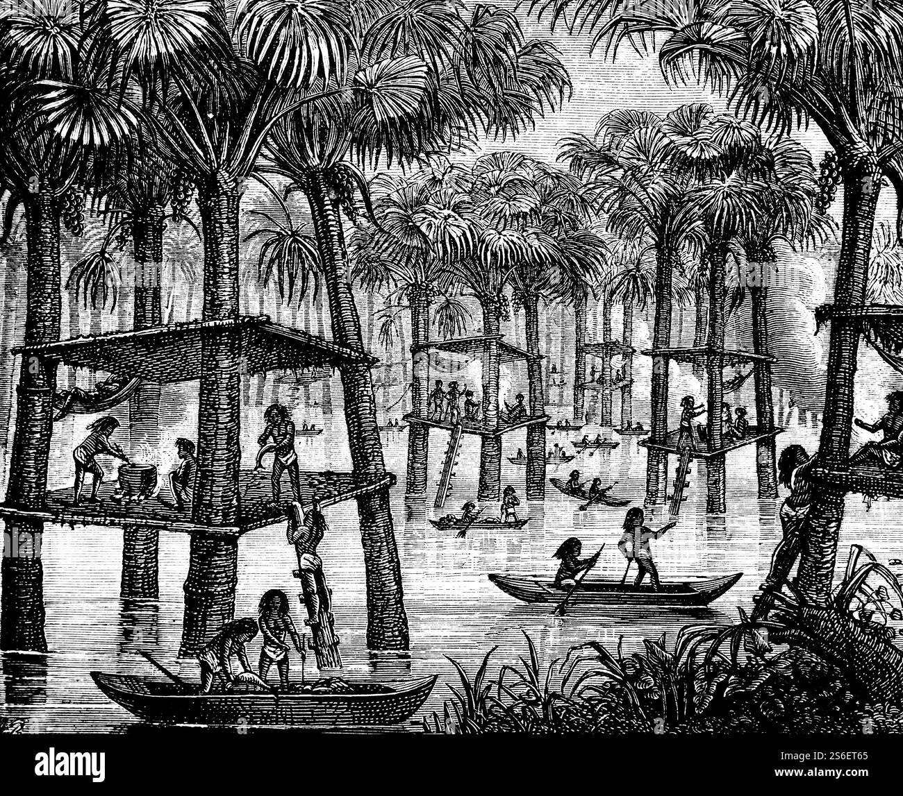 Indigenous people living in families on prehistoric pile dwellings in ...