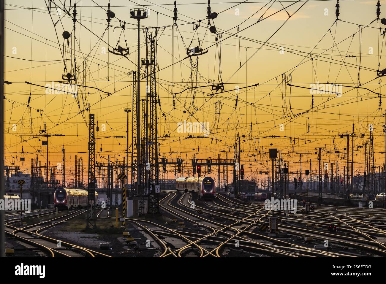 Track apron with trains, rails, points, pylons and signalling systems ...
