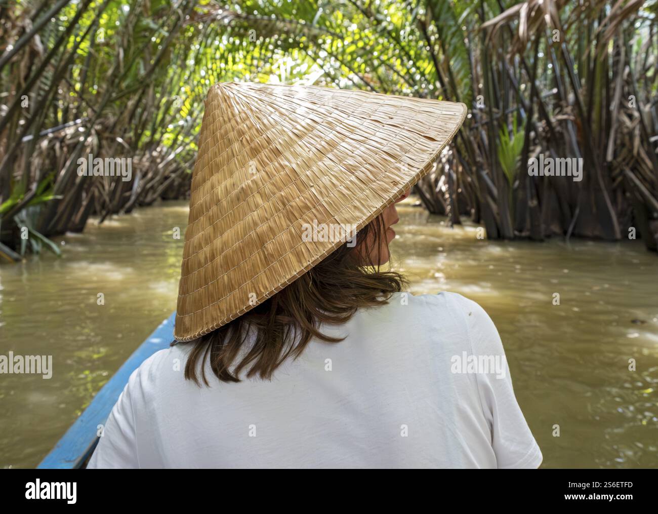 Back view of woman with traditional Vietnamese conical hat on a boat ...
