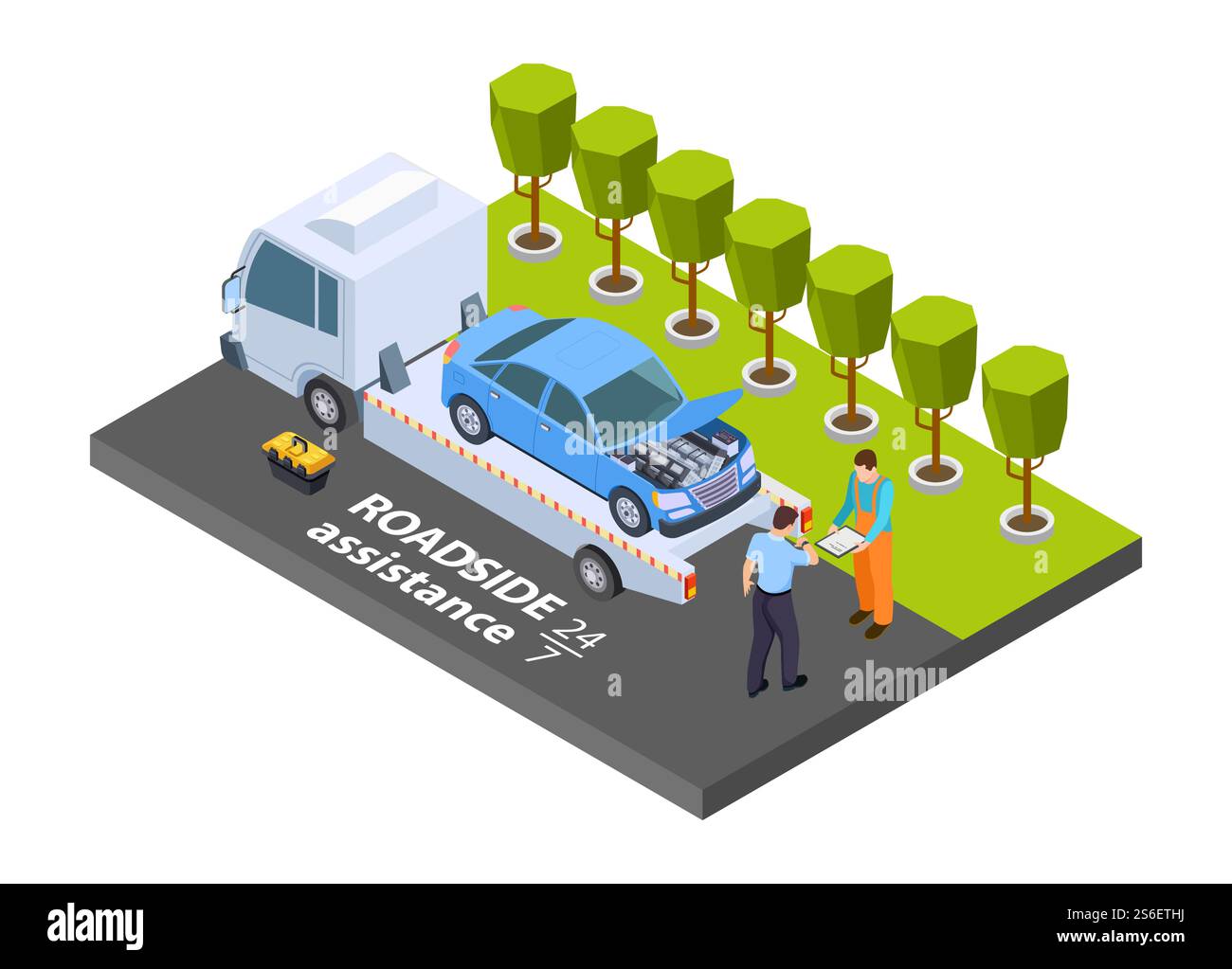 Tow truck isometric. Vector roadside assistance concept. Illustration evacuation truck, vehicle ...