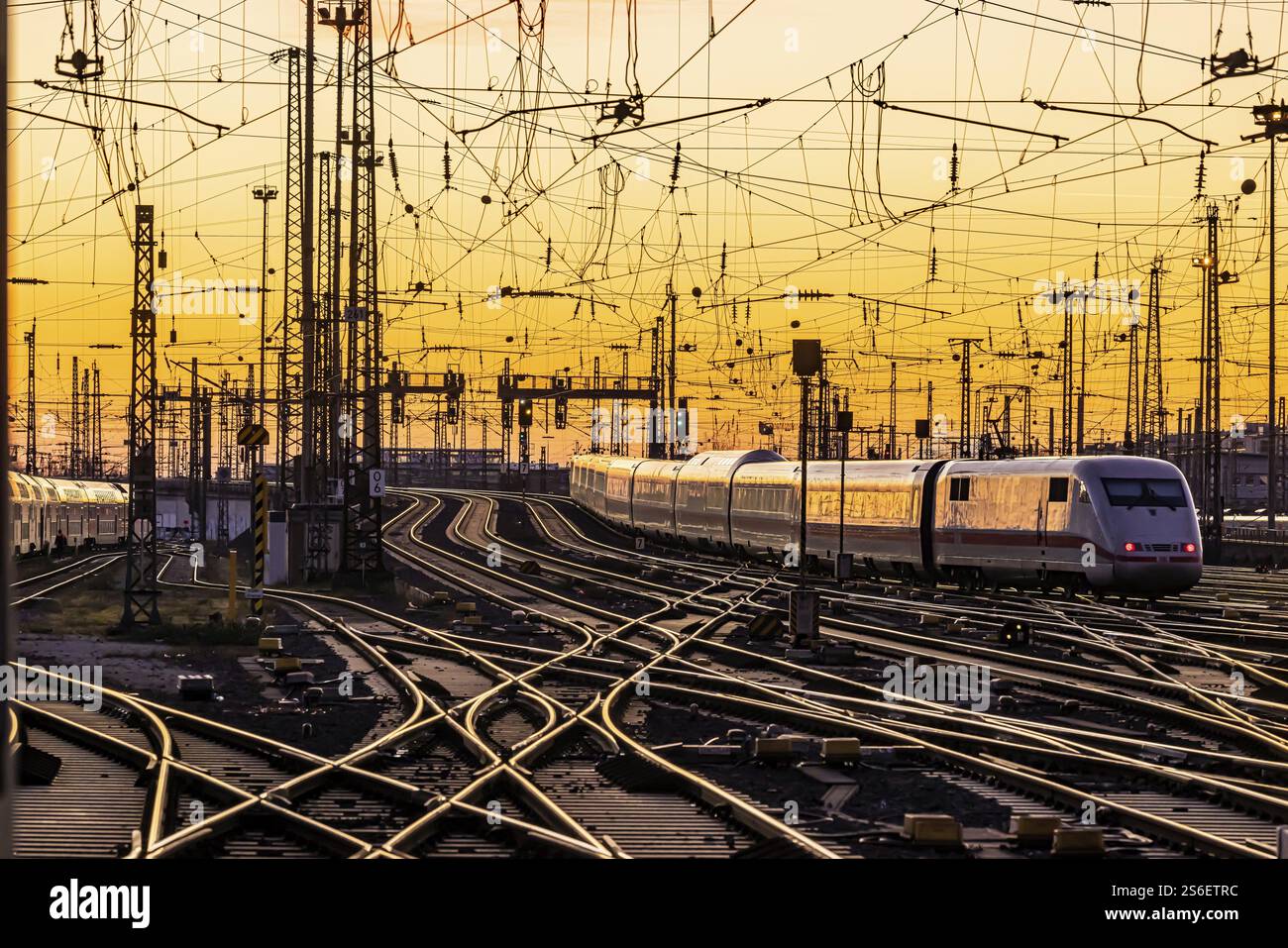 Track apron with trains, rails, points, pylons and signalling systems ...