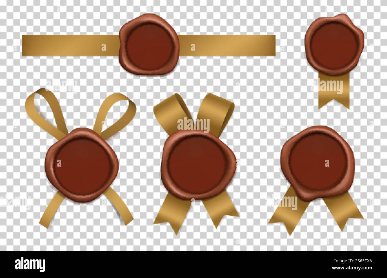 Wax stamp and gold ribbons. Sealed brown rubber postal stamps with ...