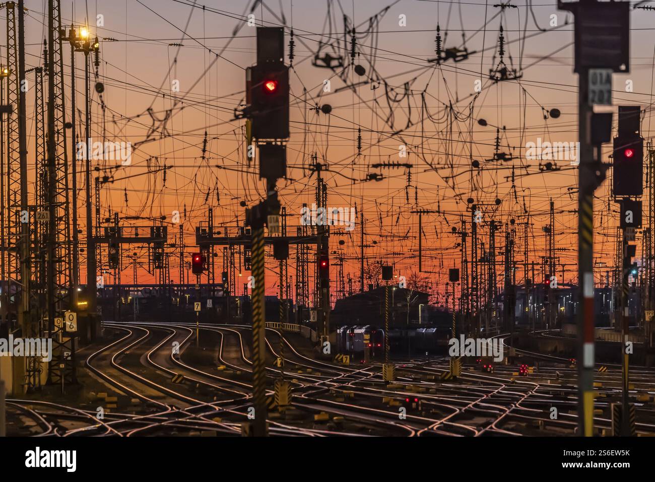 Track apron with trains, rails, points, pylons and signalling systems ...