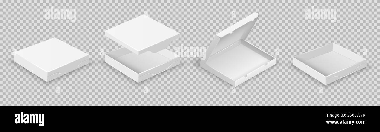 White boxes. Open packaging set. Vector realistic boxes with lids isolated on transparent ...