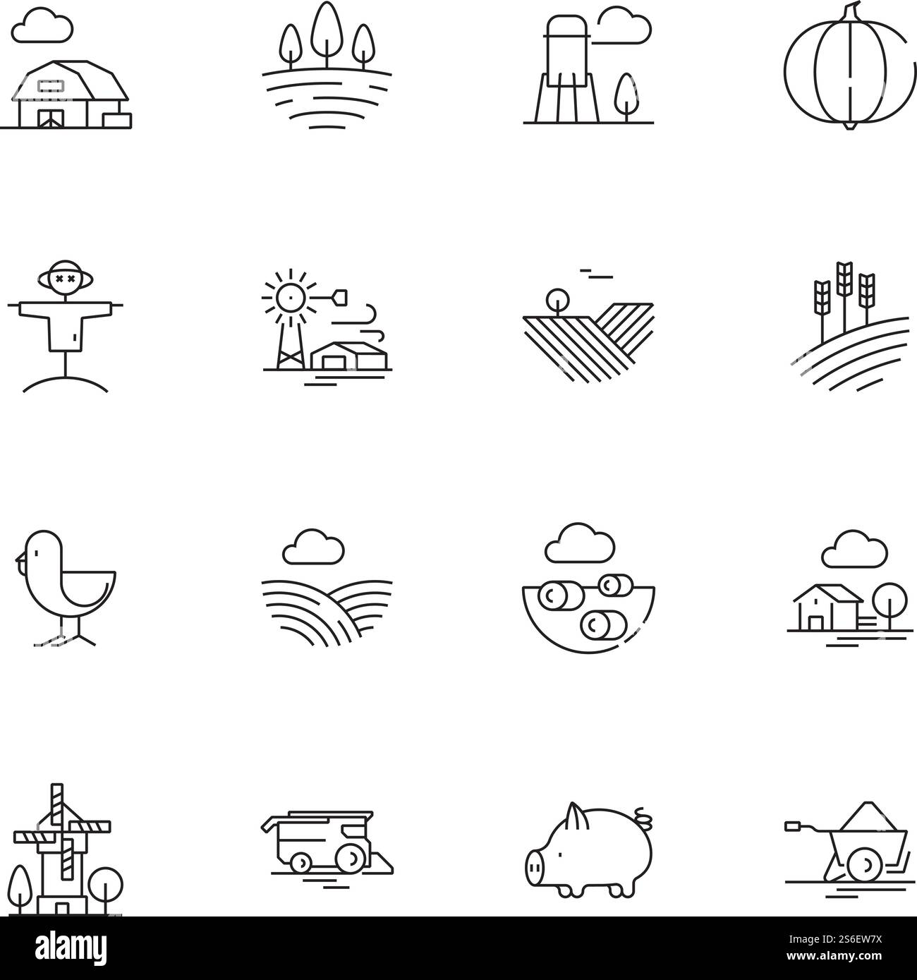 Farm icons. Agricultural objects agrarian farm fields landscape rural specific vehicle tractor ...