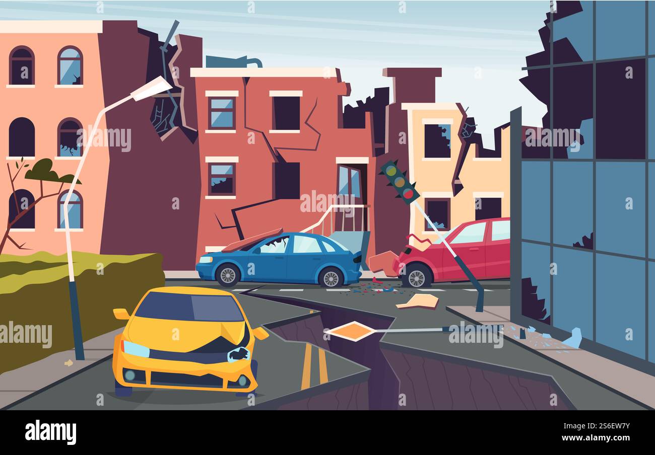 Damaged urban landscape. Nature cataclysm city destroyed quake ...