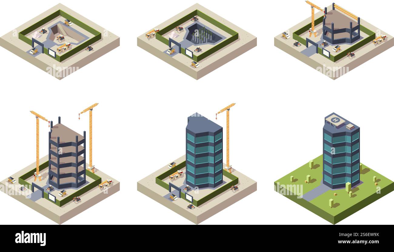 Stage construction isometric. High modern building skyscraper ...