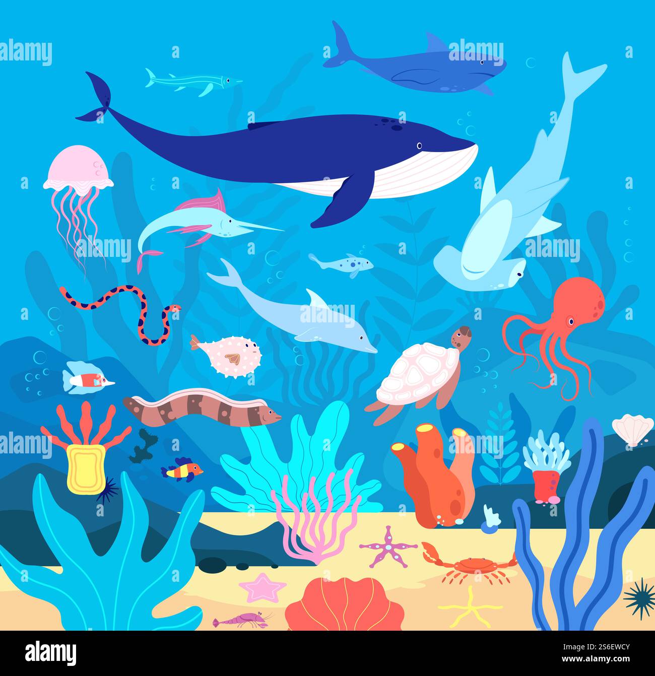 Underwater. Cute undersea animals, cartoon sea wildlife. Happy aquarium ...