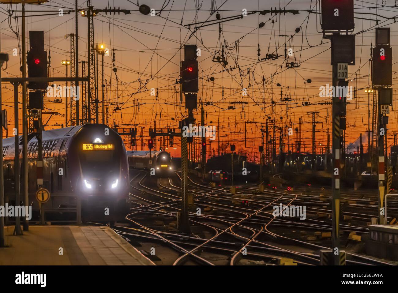 Track apron with trains, rails, points, pylons and signalling systems ...