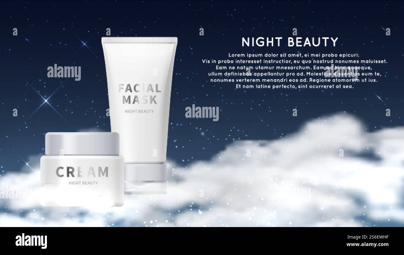 Night cosmetic background. Cream facial mask tubes realistic mockup ...