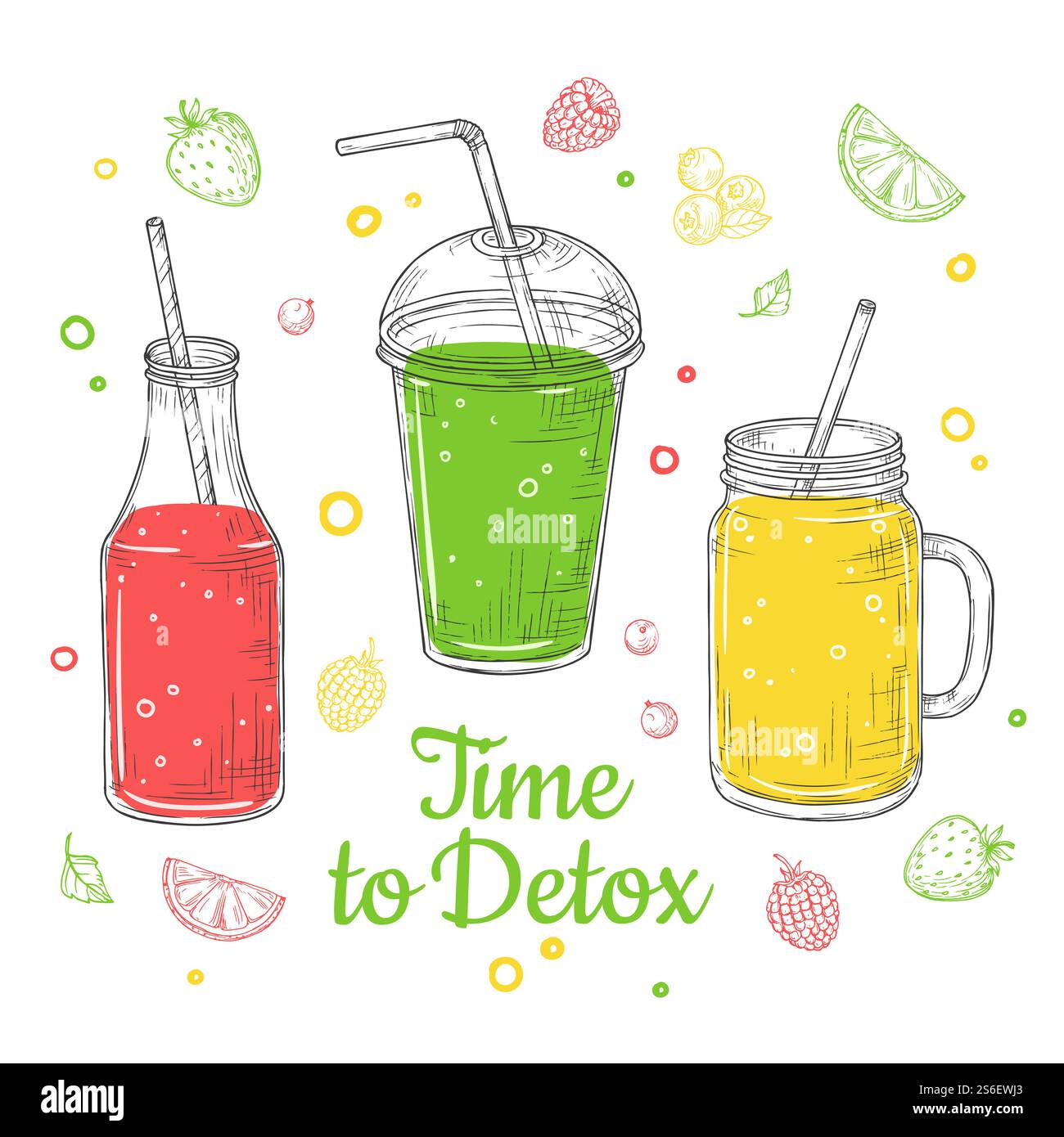Smoothie background. Summer drink, doodle healthy juices. Fresh fruit ...