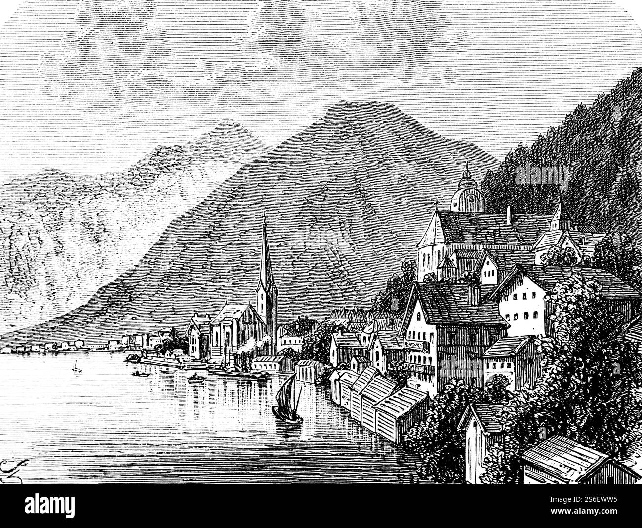 Townscape of Hallstatt in 19th century, Salzkammergut, archaeology of ...
