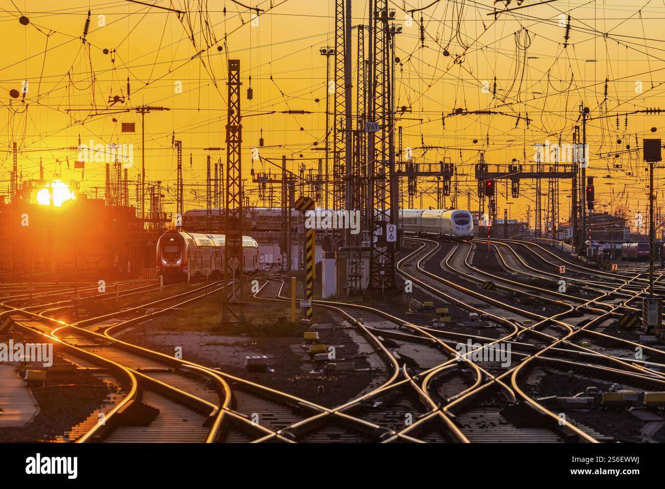 Track apron with trains, rails, points, pylons and signalling systems ...