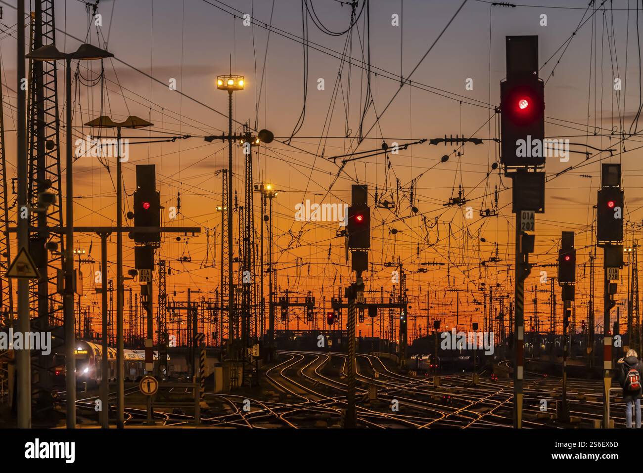 Track apron with trains, rails, points, pylons and signalling systems ...