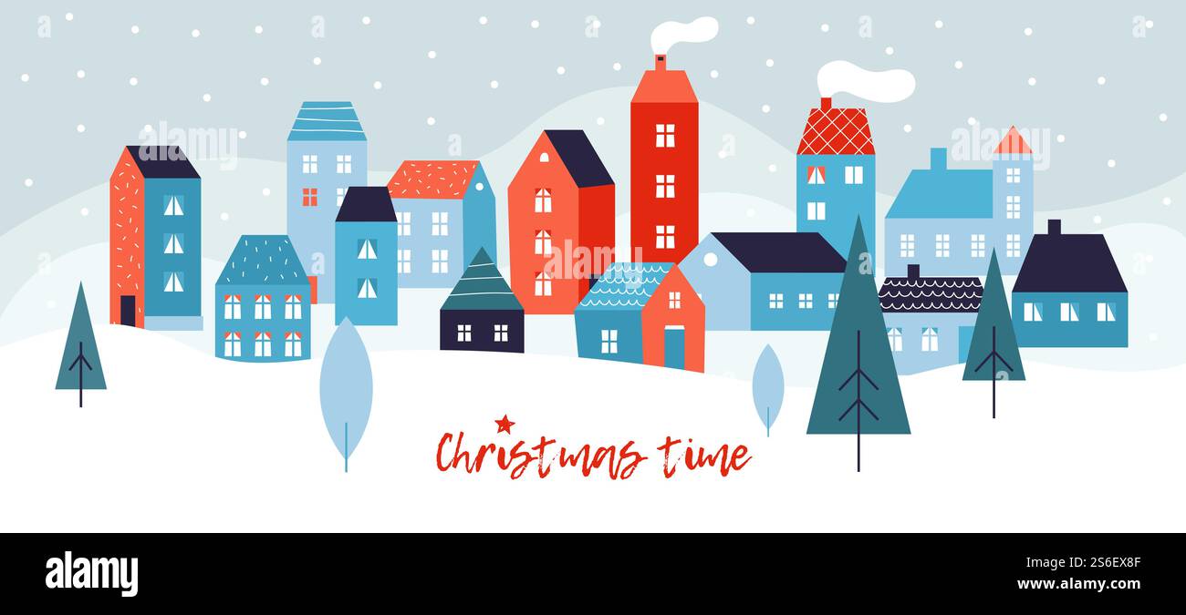 Winter simple landscape. Snowy christmas panorama with cute city ...