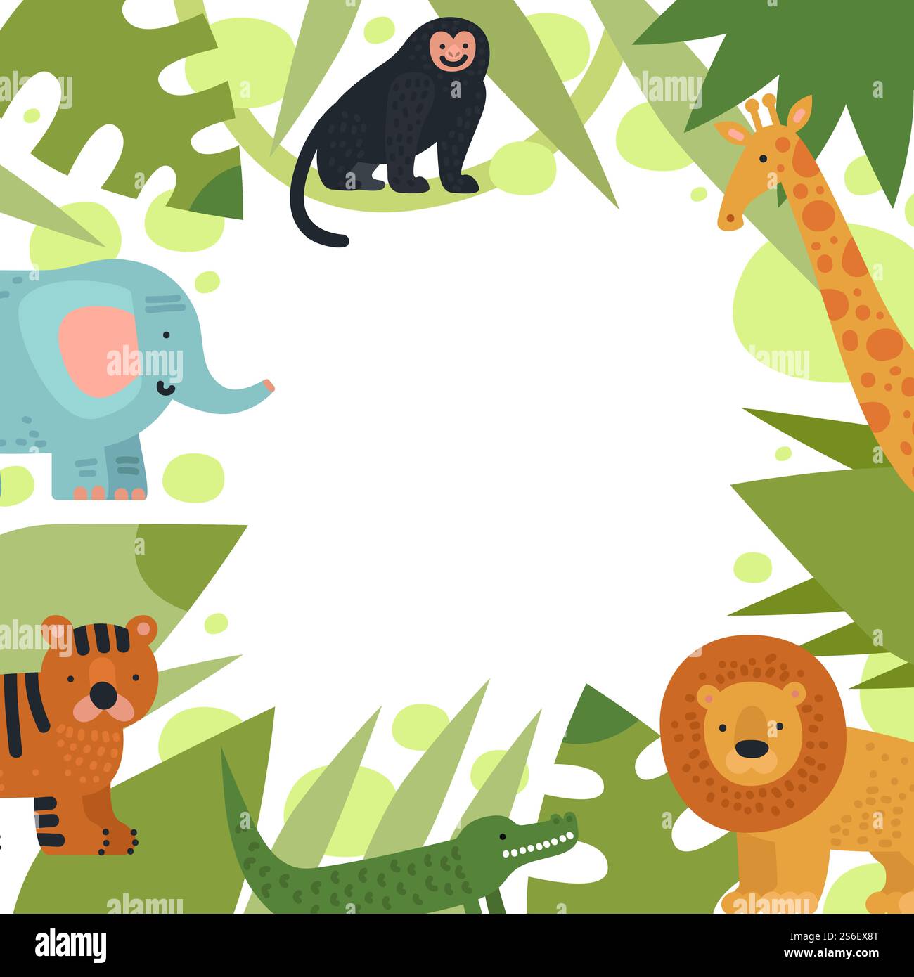 Jungle frame. Tropical leaves border with cartoon safari animals ...
