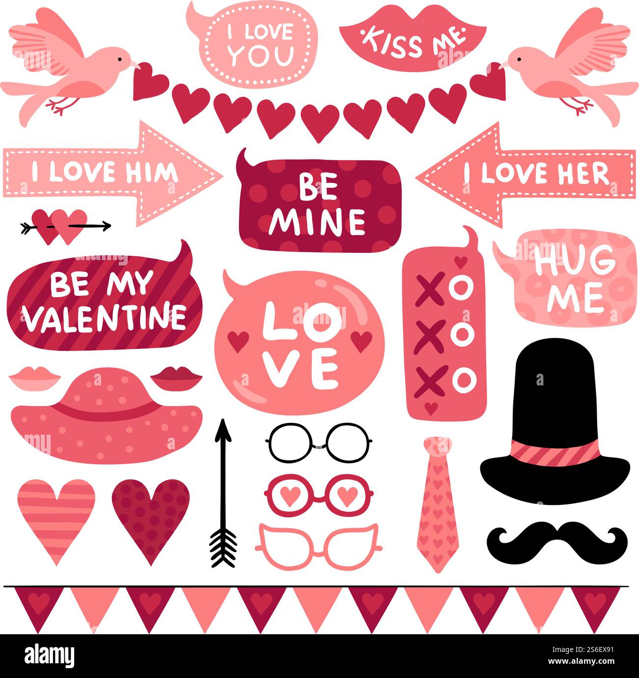 Valentines day photo booth props. Pink love wedding symbol, kiss and ...