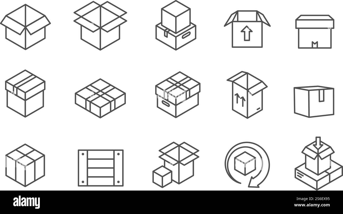 Box line icons. Cardboard boxes, mailing package with arrows. Delivery ...