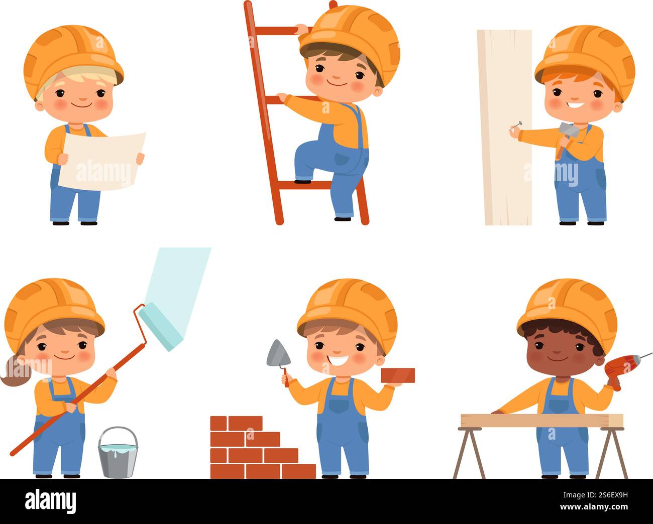 Little builders. Kids construction childrens making some work in yellow ...