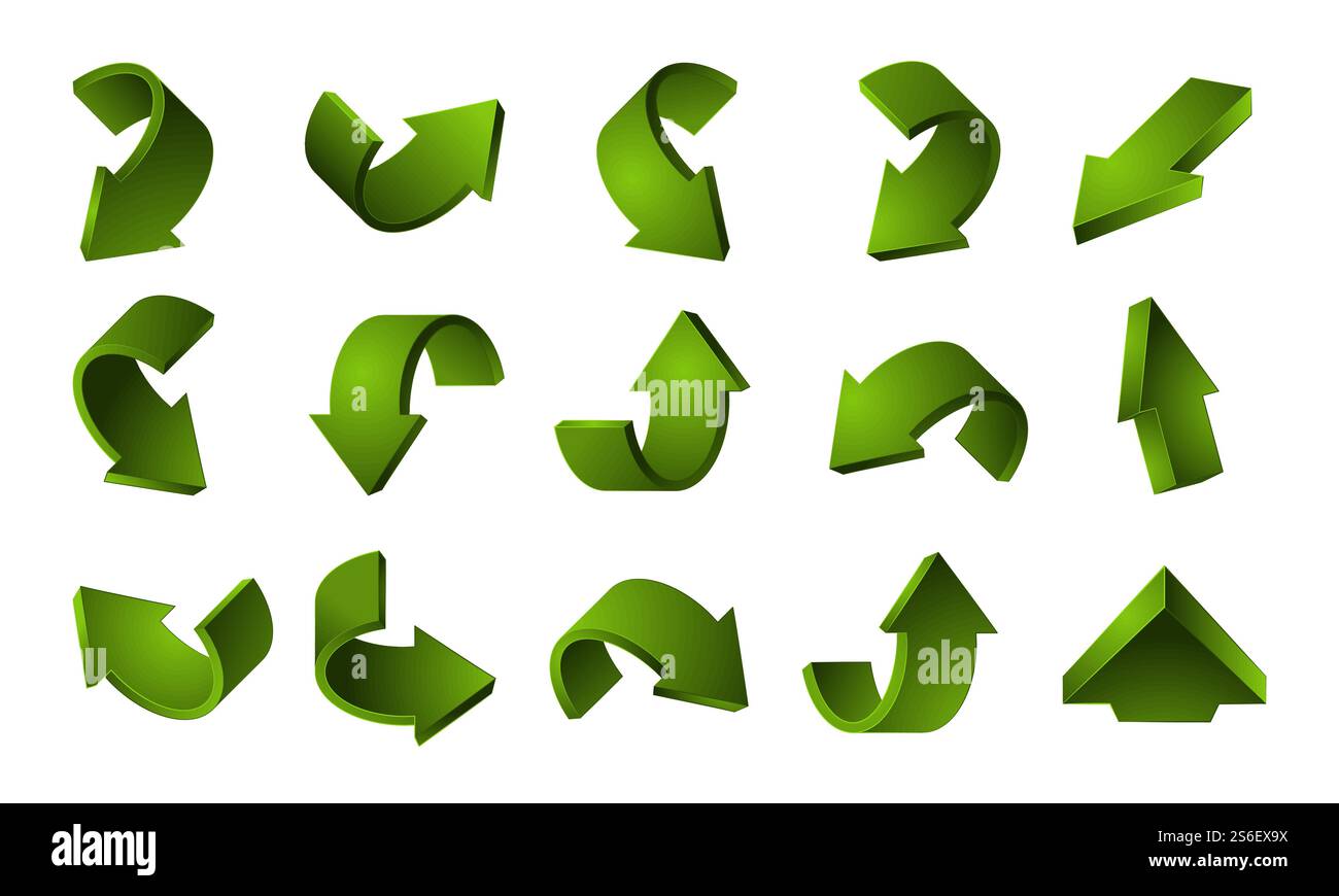 3D green arrows set. Vector recycling arrows isolated on white ...
