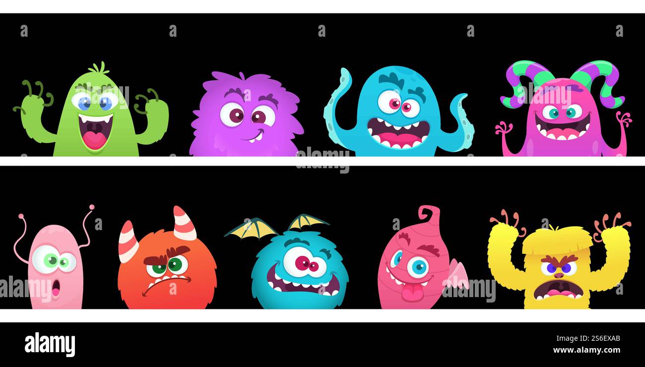Cartoon monsters. Halloween monster faces vector banners template ...