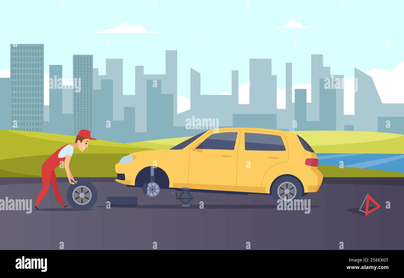 Roadside assistance. Vector tire fitting service. Cartoon car mechanic ...