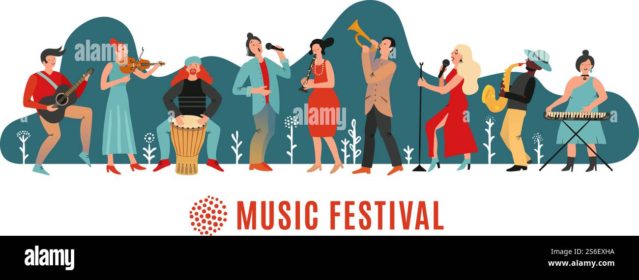 Music festival. International concert, musical event banner. Musicians ...