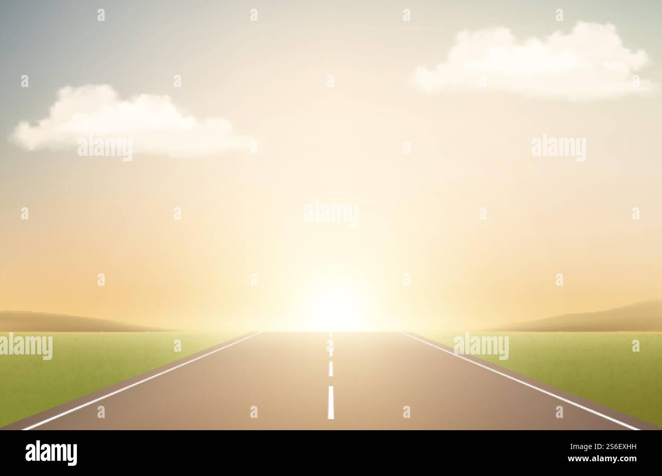Landscape with road and sunset. Vector runway, clouds and sunrise ...