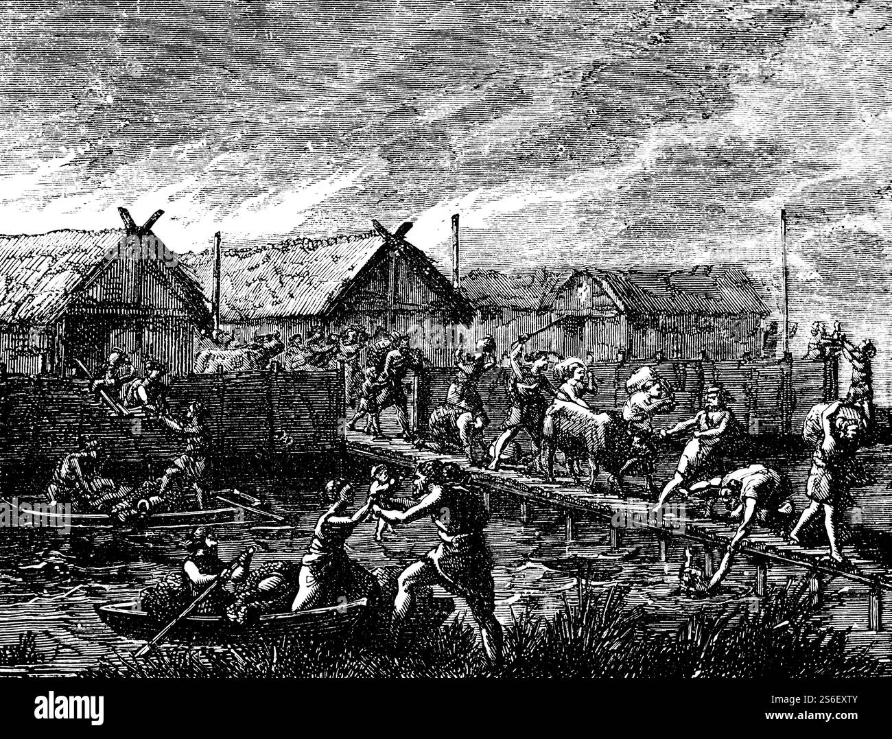 Escape from the burning prehistoric pile dwellings, pile village with ...