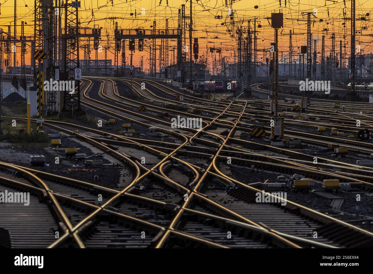 Track apron with trains, rails, points, pylons and signalling systems ...