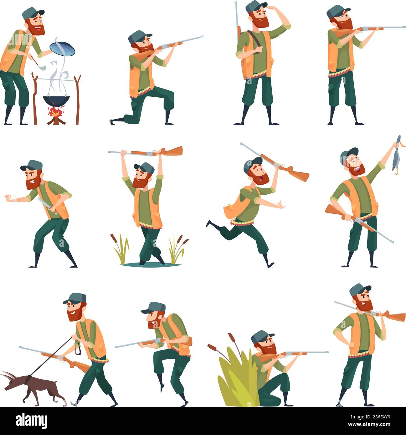 Hunters. Sniper outdoor human with weapons duck hunting in action poses ...