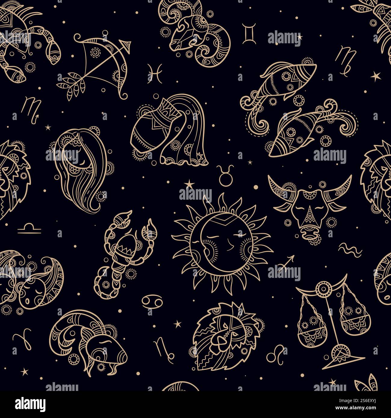 Astronomy seamless. Drawn zodiac symbols textile pattern design ...
