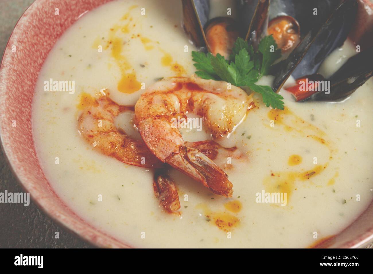 Cream soup, chowder with mussels and shrimp, American cuisine, homemade ...
