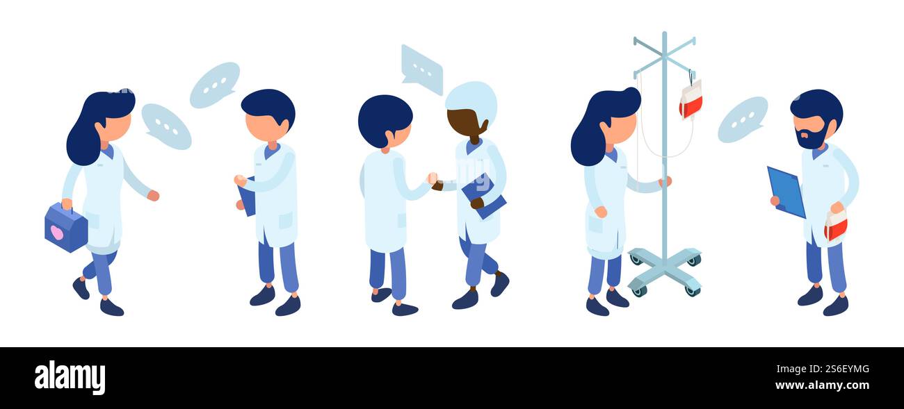 Doctors staff. Medical team communication. Isometric doctor characters ...