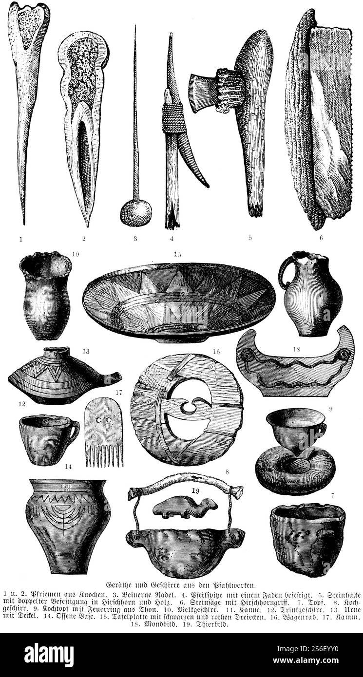 Crafts and kitchen utensils of the prehistoric pile dwellers, some with ...