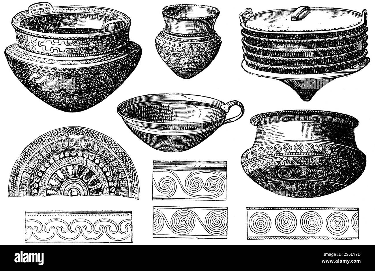 Bronze bowls and hanging urns, urns, numerous decorations, detail ...