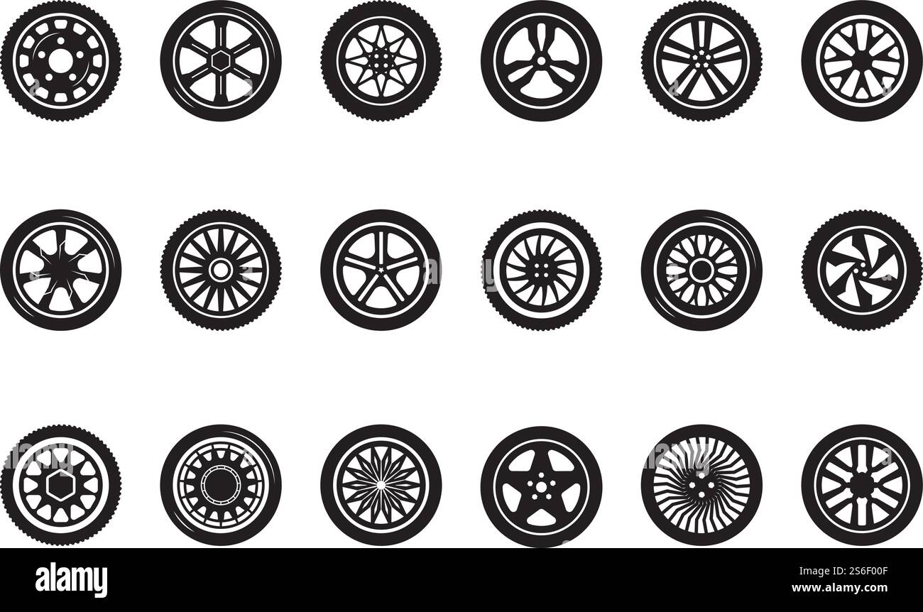 Car wheel collection. Automobile tire silhouettes racing vehicle wheels ...
