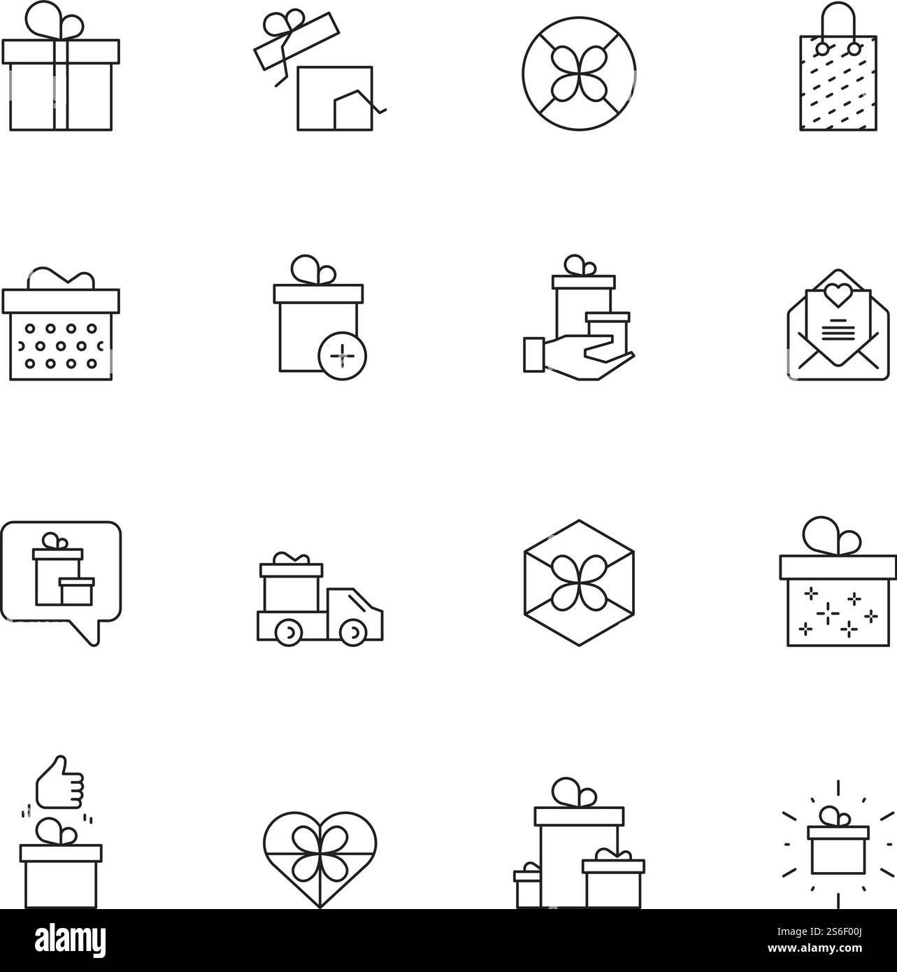 Gift icons. Packages with ribbons offers present boxes shopping cart ...