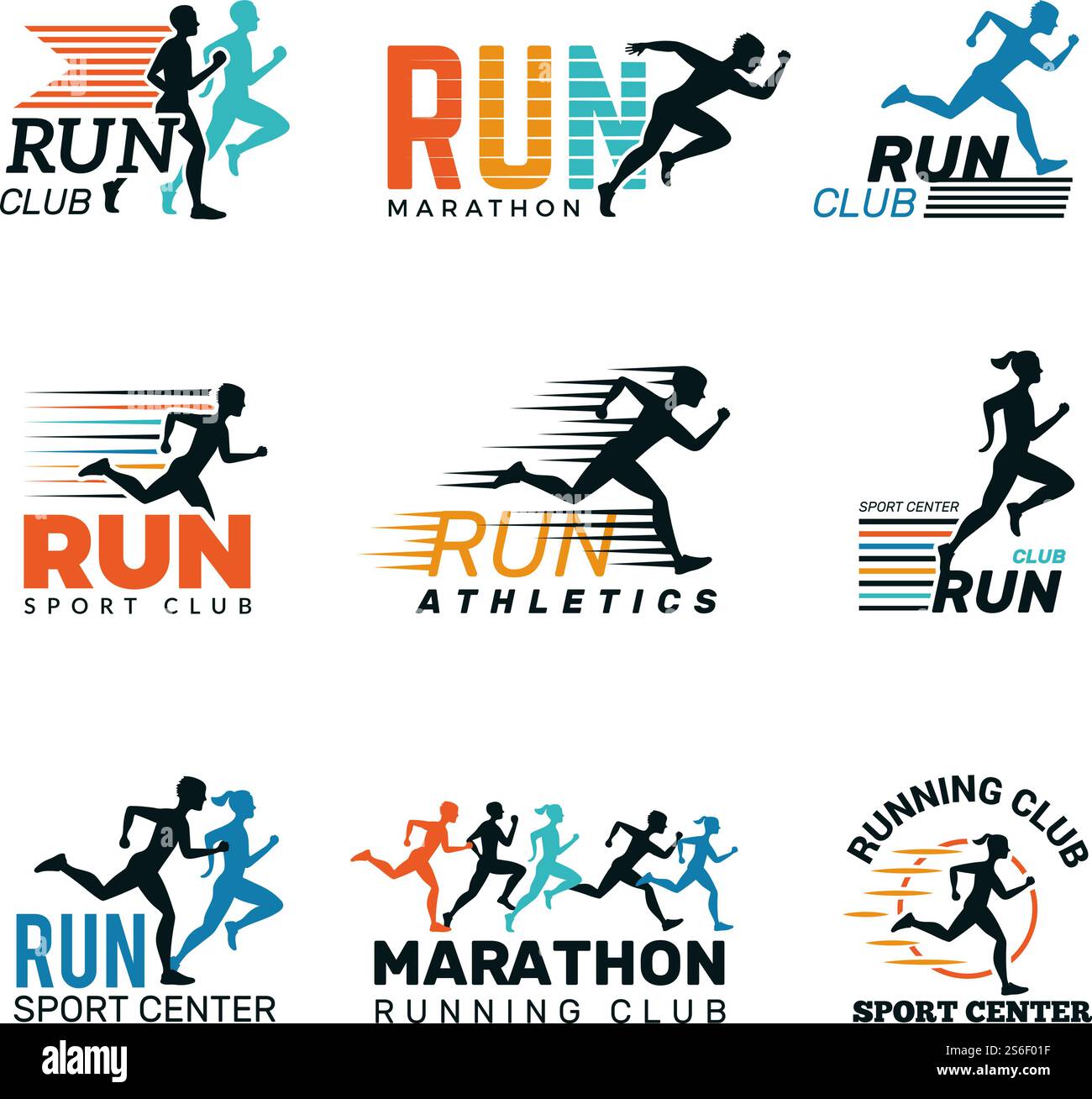 Running logo. Marathon club badges sport symbols shoe and legs jumping ...