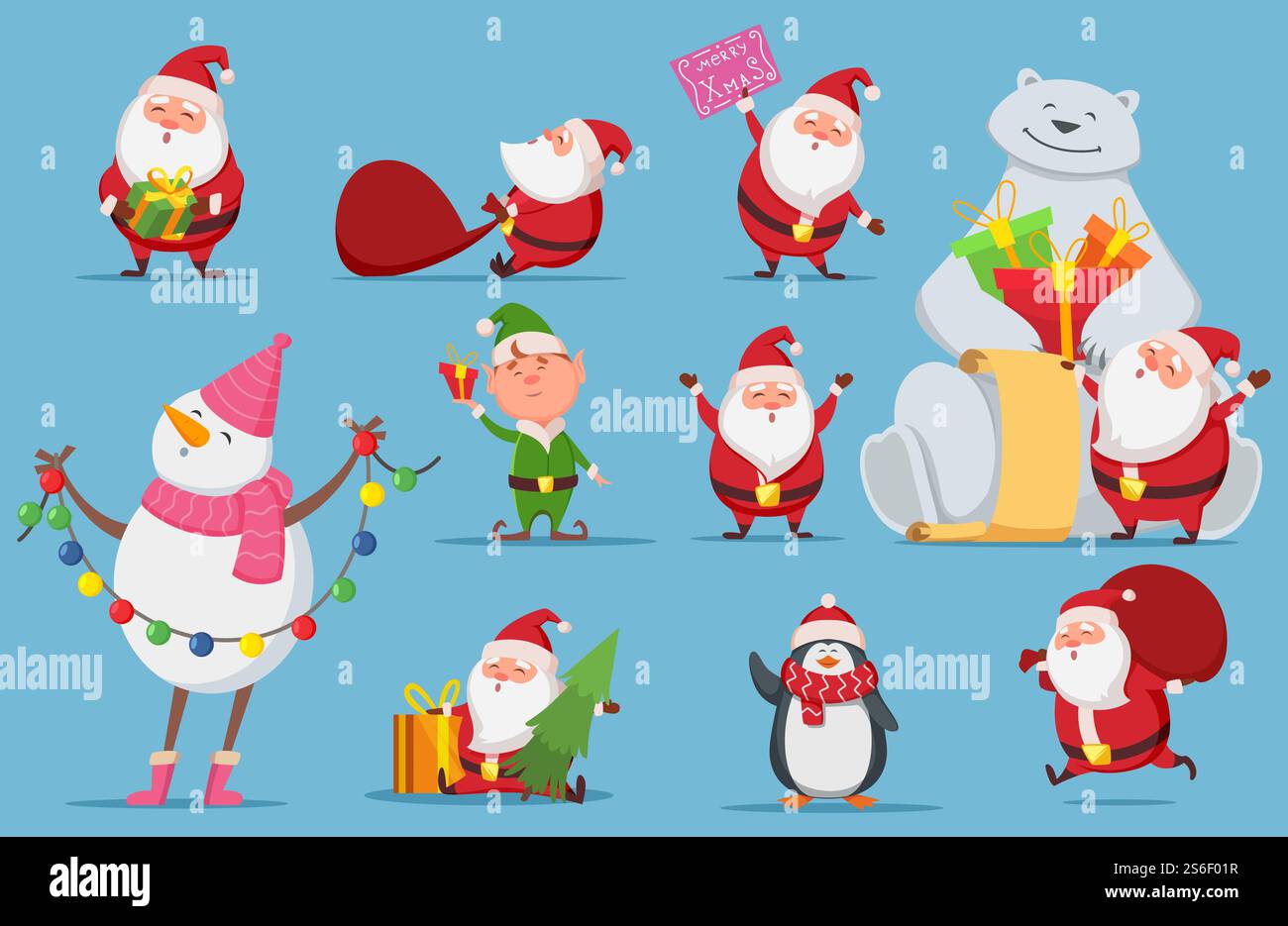 Santa Claus set. Christmas characters. Cute Santa, polar bear, penguin ...