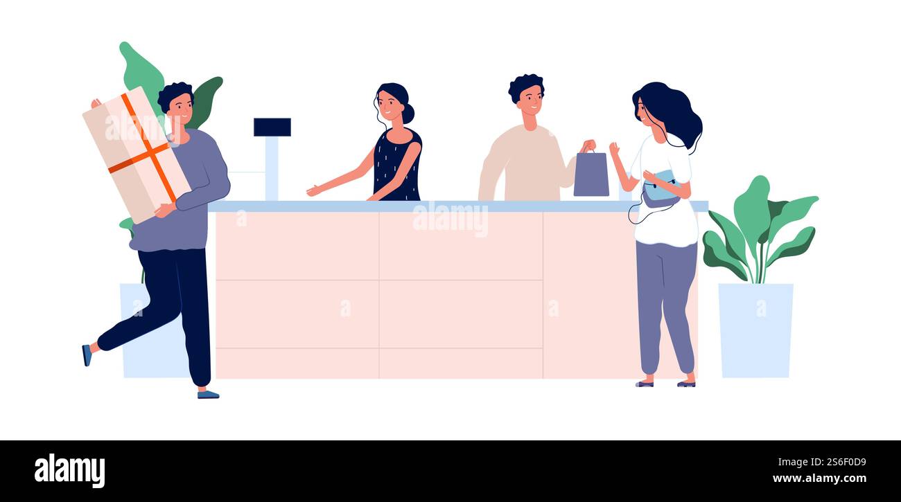 Customer service concept. Shoppers with products standing at counter ...