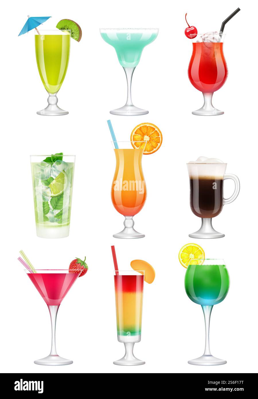 Cocktails realistic. Alcoholic drinks in glasses juice tequila mint ...