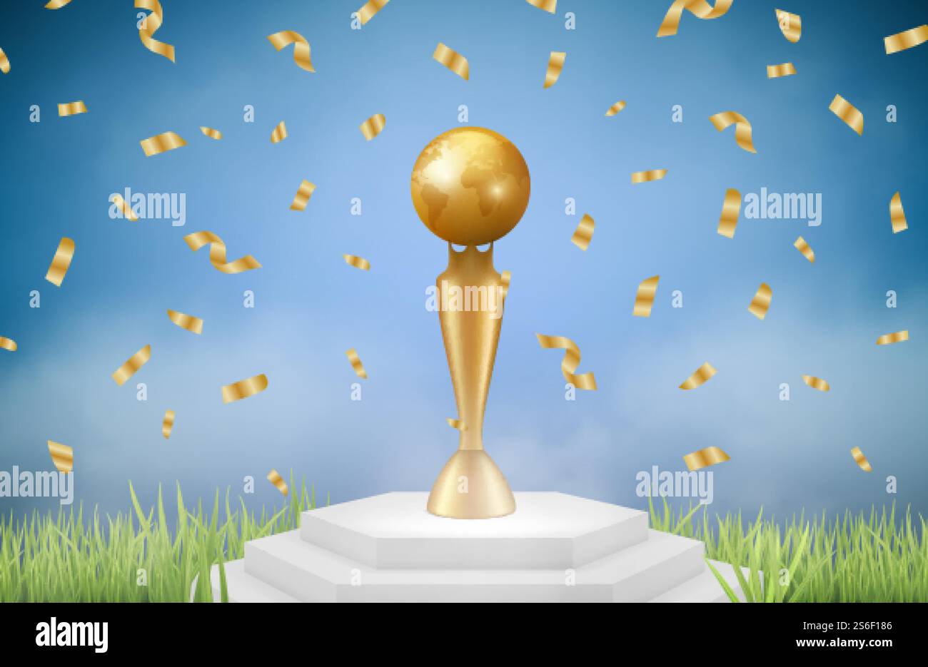 Realistic trophy. Sport gold award on grass with falling confetti ...