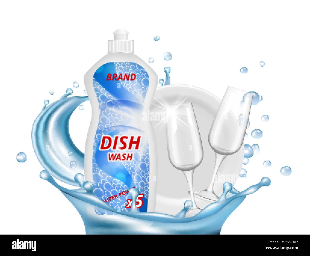 Dish liquid detergent. Water splashes, glasses, white plate vector ...